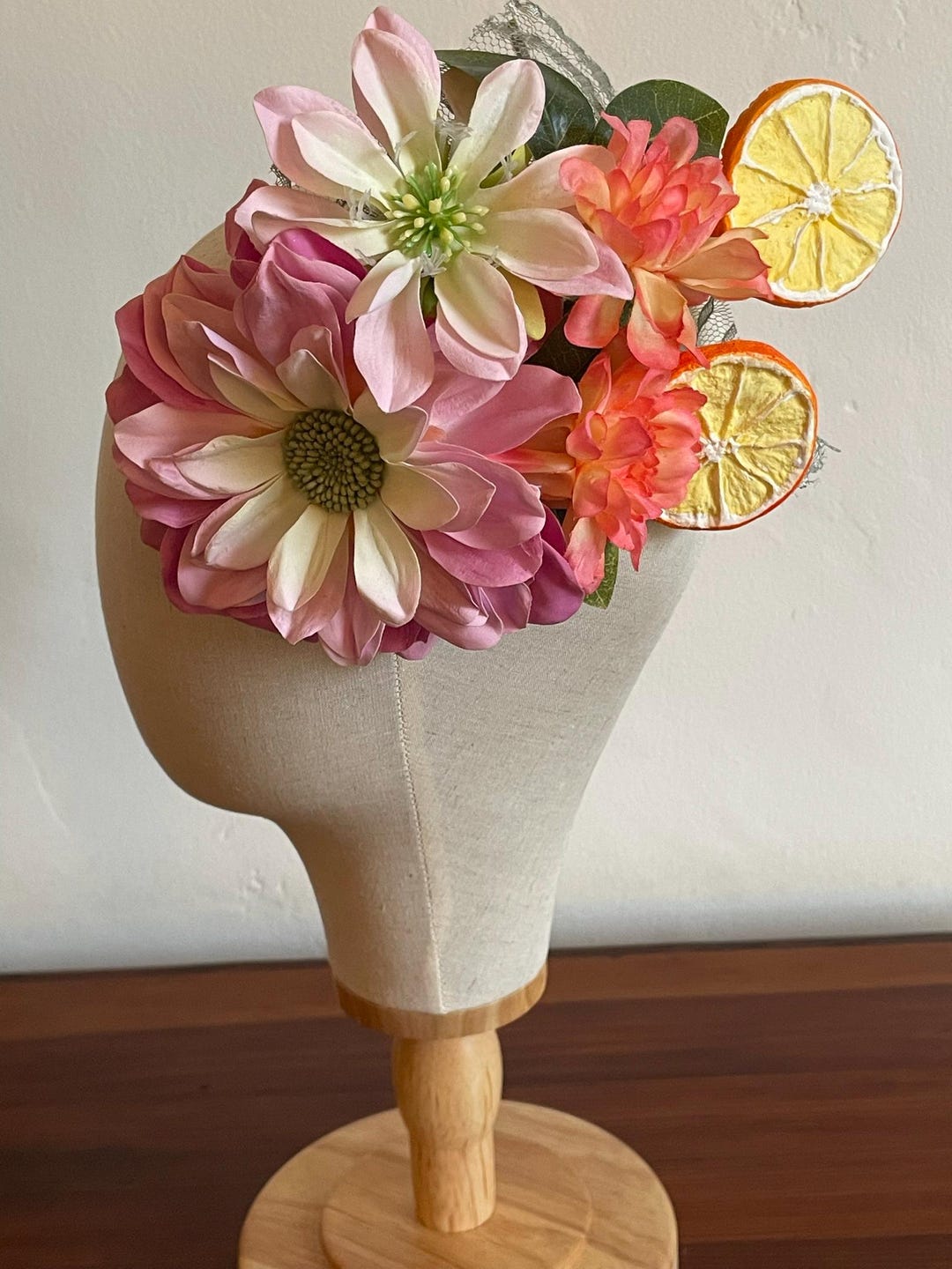 Daring Dahlia Flower Fascinator in Pink, Orange, Mint Green, With Lace ...