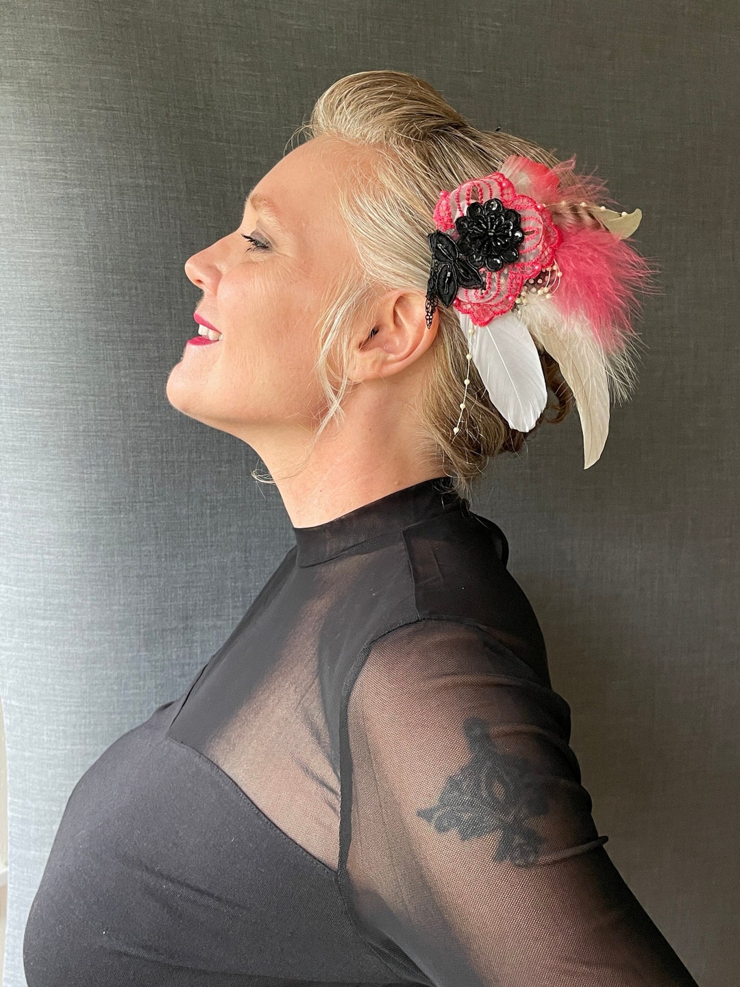 Sequin Rose Fascinator: Black, White Hot Pink Feather Hair Clip ...