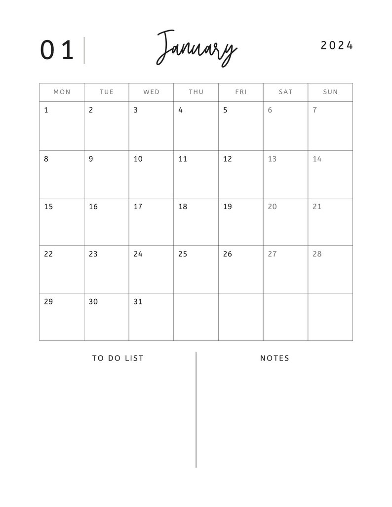 Custom Black & White 2024 Year Calendar Planner - Simple Personalized ...