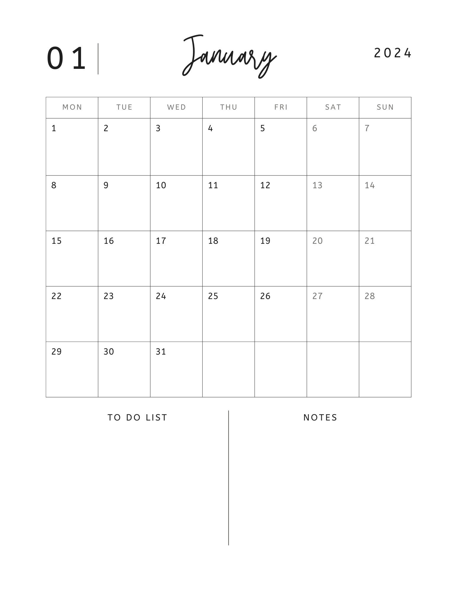 Custom Black & White 2024 Year Calendar Planner - Simple Personalized ...