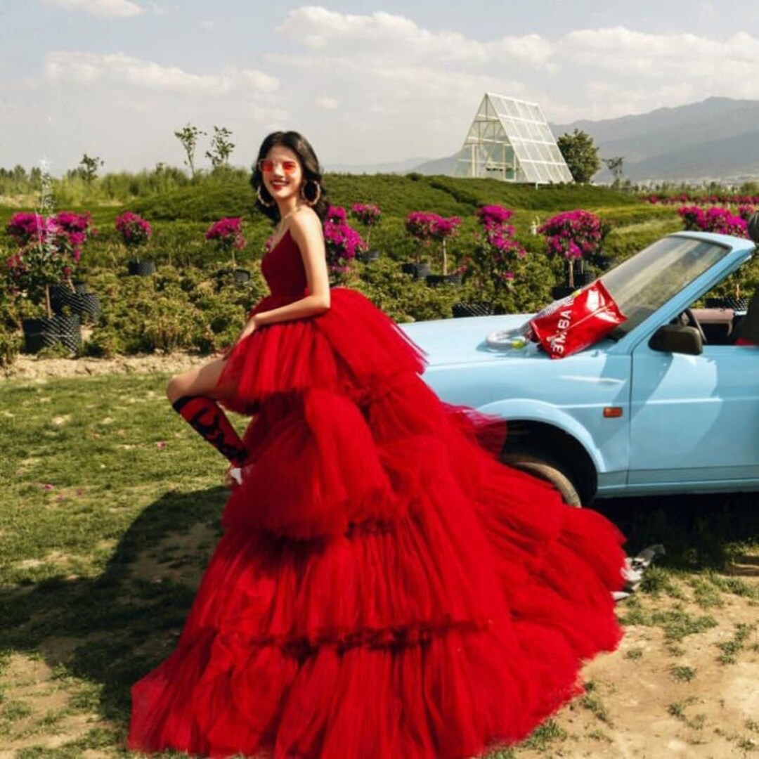 Red Tulle High Low Gown Red Layered Dress Photo Shoot - Etsy