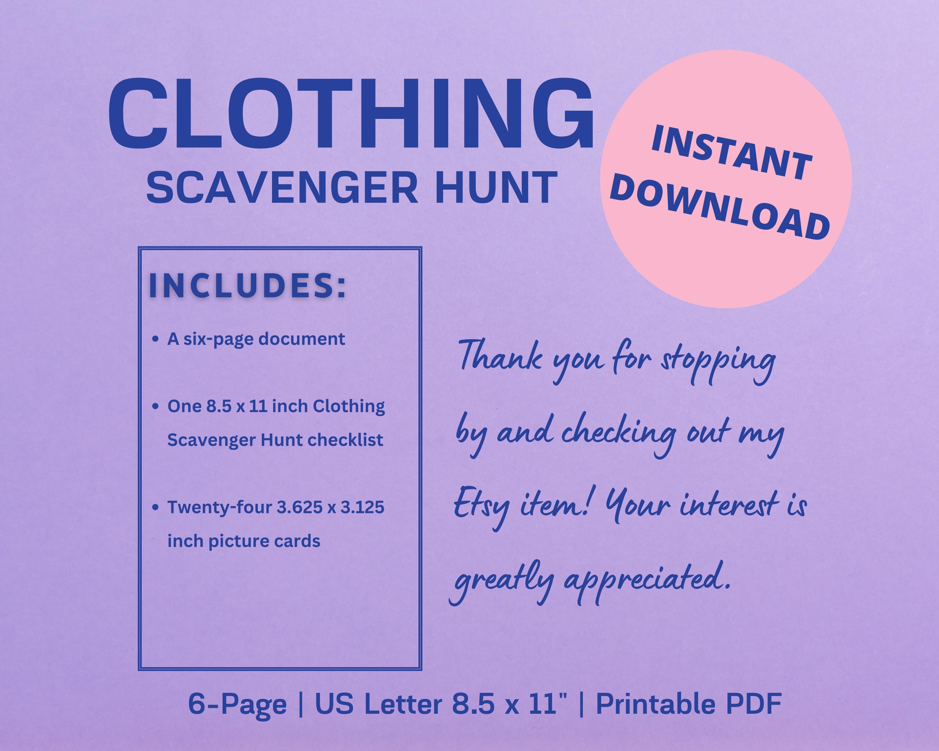 Clothing Scavenger Hunt, Printable, Instant Download, Outdoor & Indoor ...