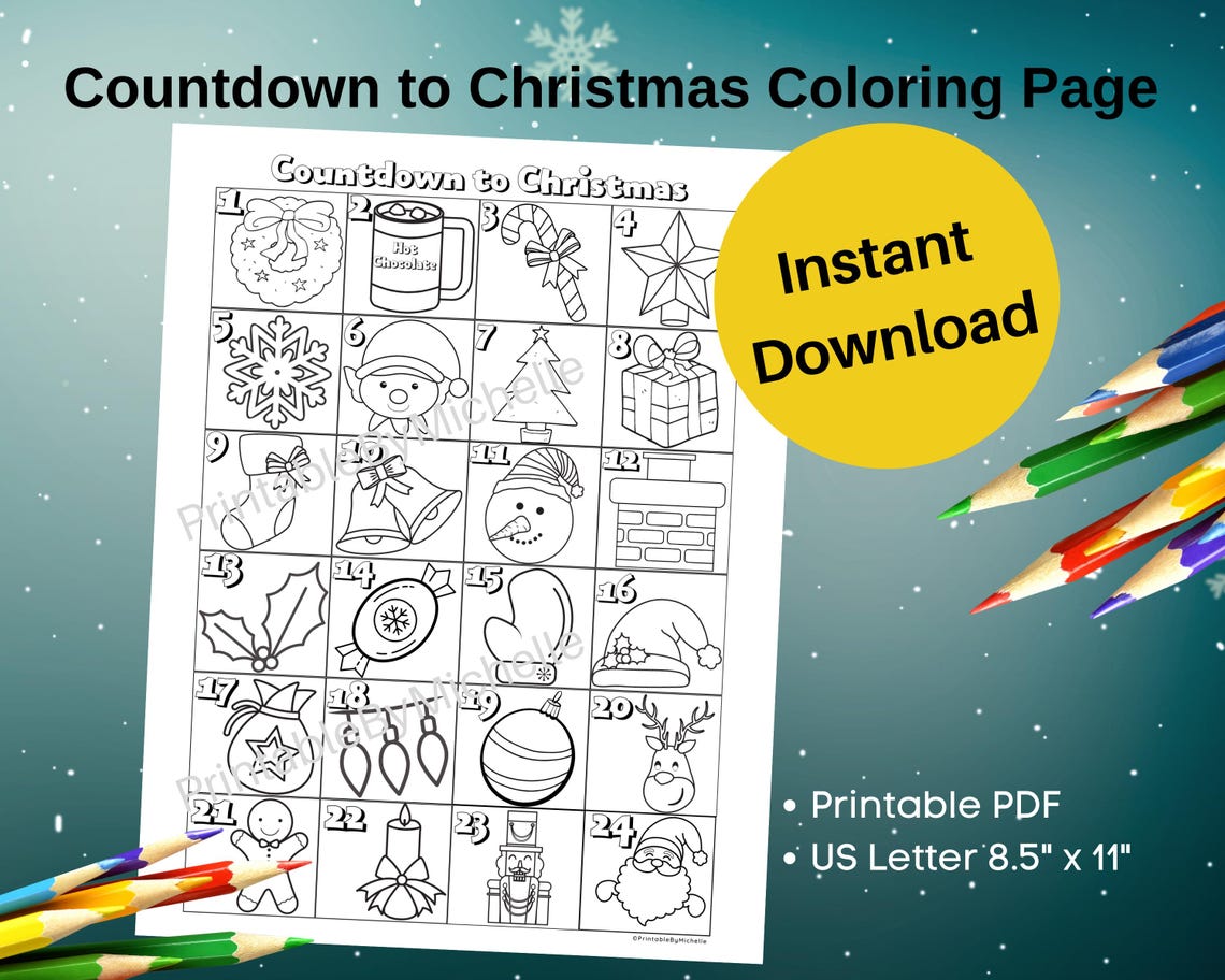 Countdown to Christmas Advent Calendar Coloring Page - Printable 8.5x11 ...