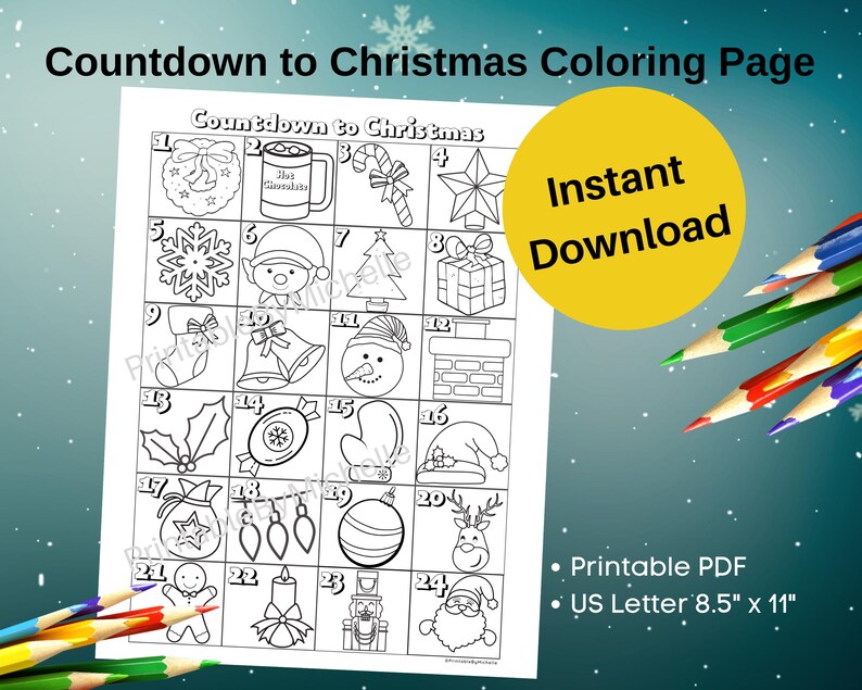 Countdown to Christmas Advent Calendar Coloring Page - Printable 8.5x11 ...