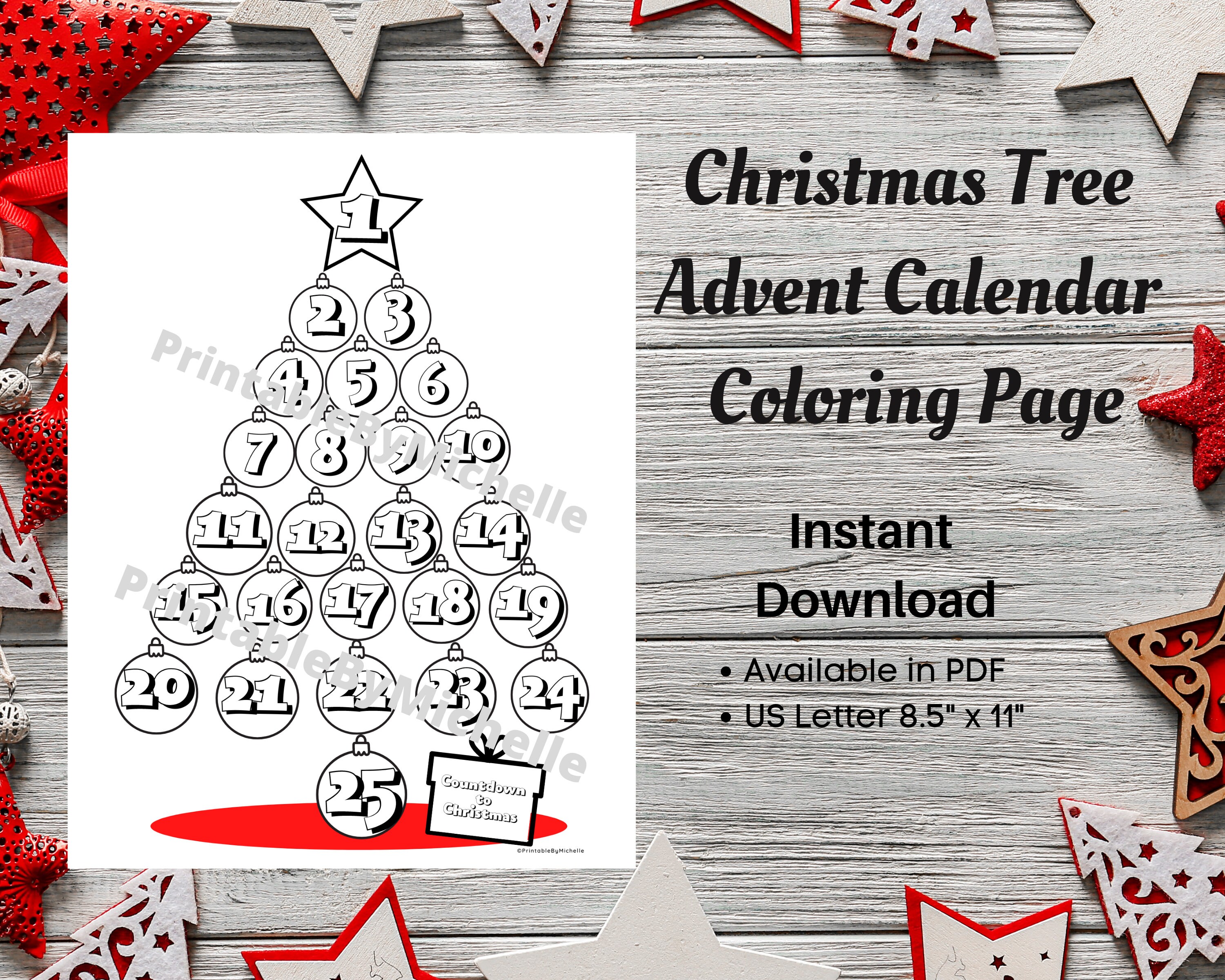 Christmas Tree Advent Calendar Coloring Page Printable 8.5x11 PDF ...