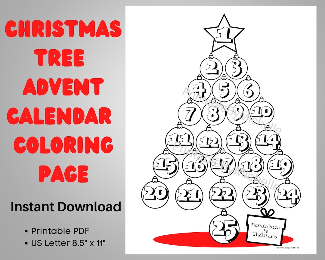 Christmas Tree Advent Calendar Coloring Page - Printable 8.5x11 PDF ...