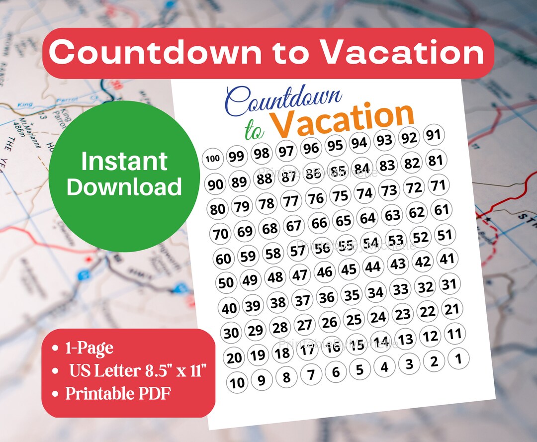 Printable 100 Day Countdown to Vacation Chart, 1-page, Letter Size PDF ...