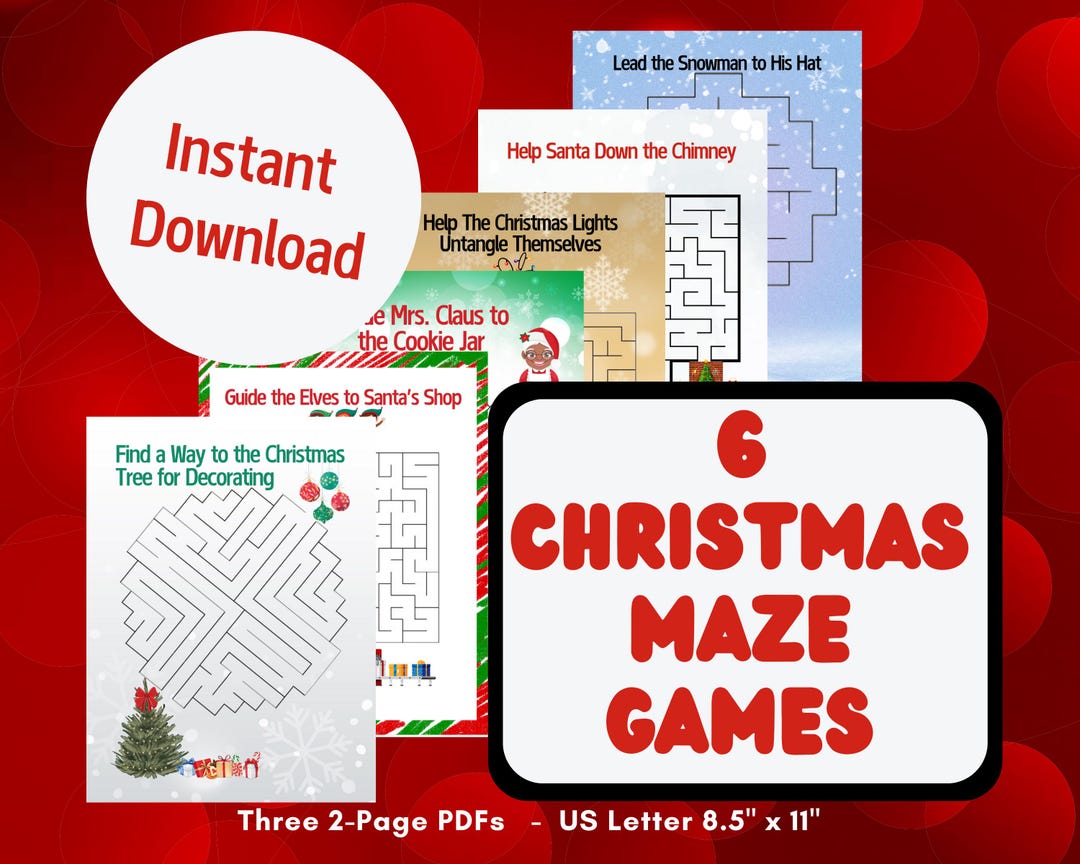 6 Fun Christmas Maze Games for Kids and Adults – Printable PDF, 8.5"x11 ...
