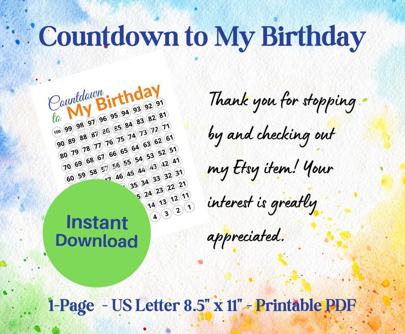 Printable 100 Day Countdown to My Birthday Chart, 1-page, Letter Size ...
