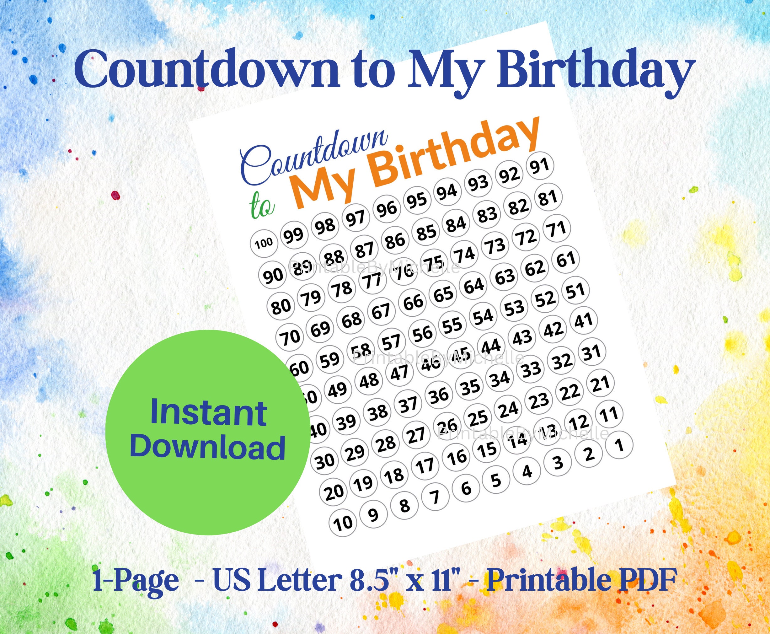 Printable 100 Day Countdown to My Birthday Chart, 1-page, Letter Size ...