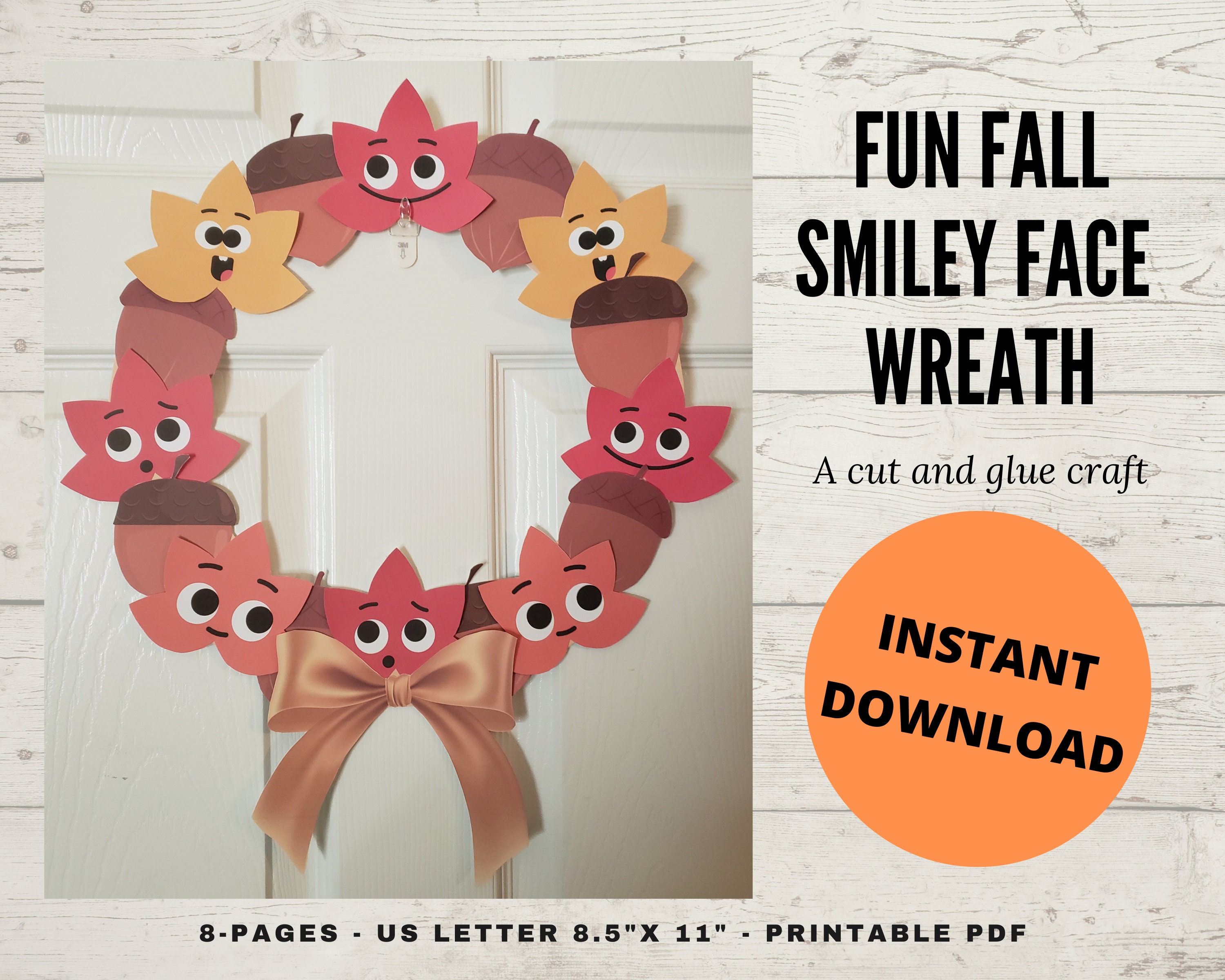 Fun Fall Smiley Face Leaf and Acorn Wreath, Printable Kids Craft ...