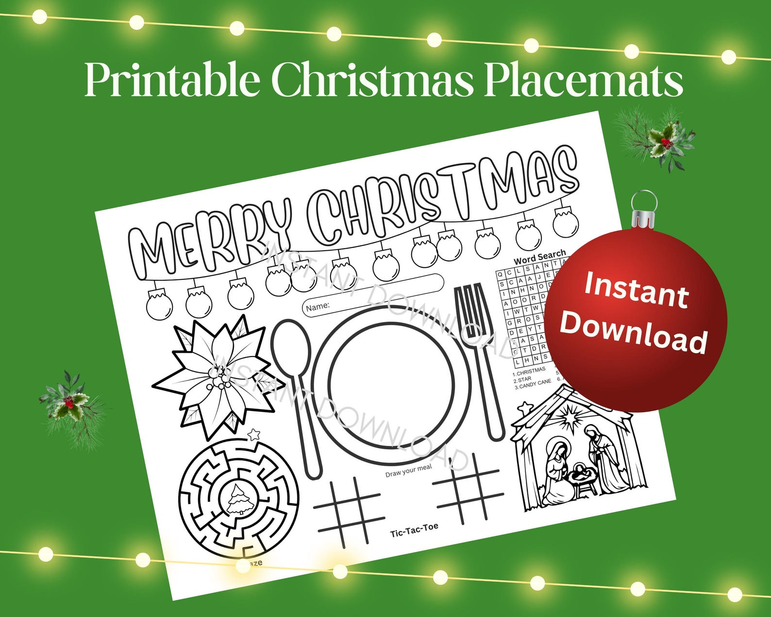 Festive Christmas Coloring Placemats - Set of 2 Printable Pdfs (8.5" X ...