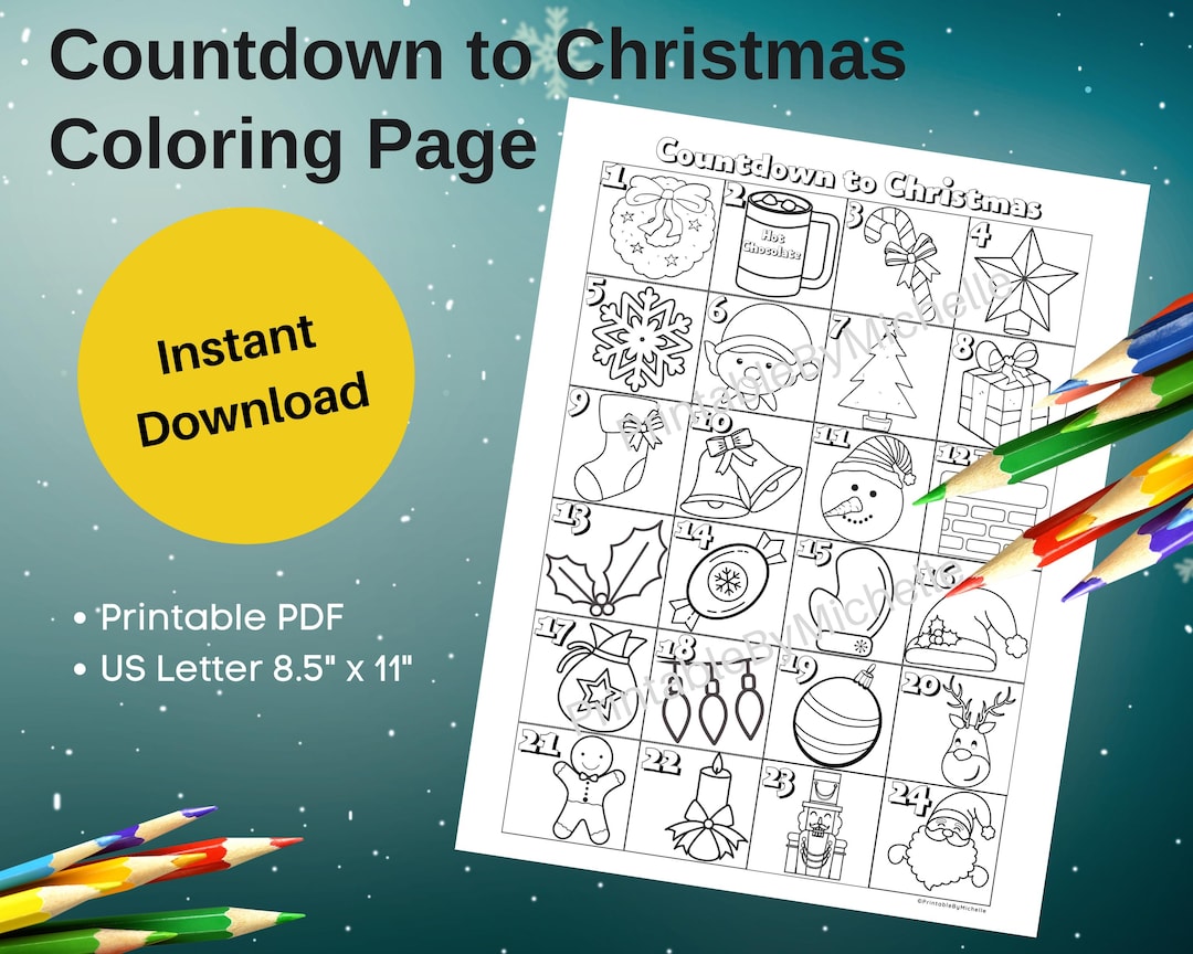 Countdown to Christmas Advent Calendar Coloring Page - Printable 8.5x11 ...