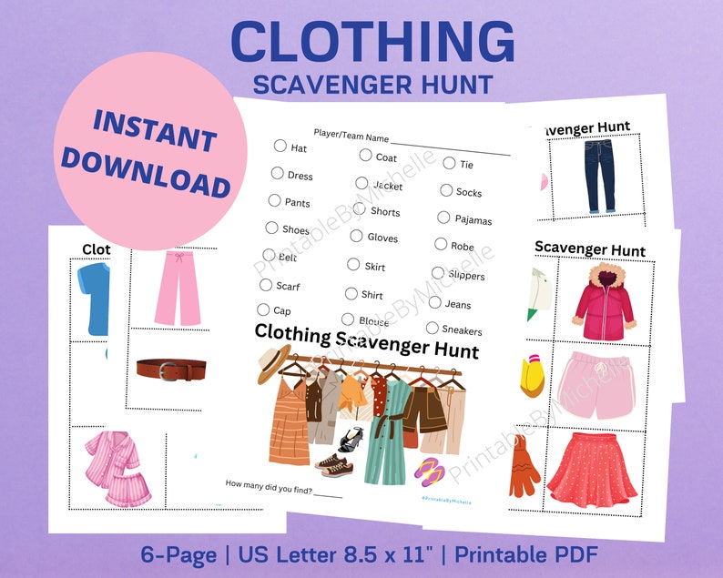 Clothing Scavenger Hunt, Printable, Instant Download, Outdoor & Indoor ...