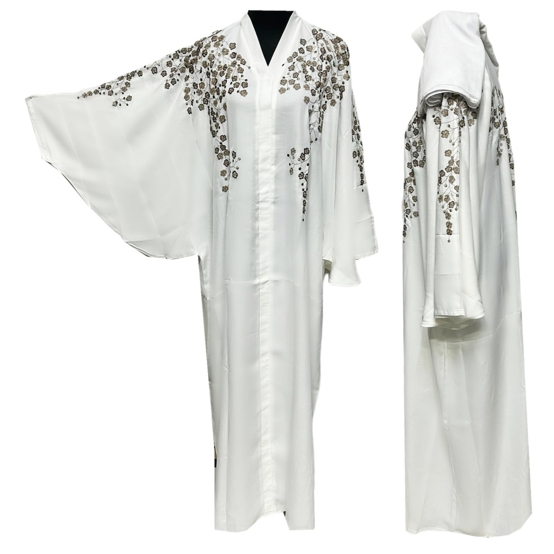 Women White Batwing Abaya Farasha Jalabiya Arab Dress With Embroidery ...