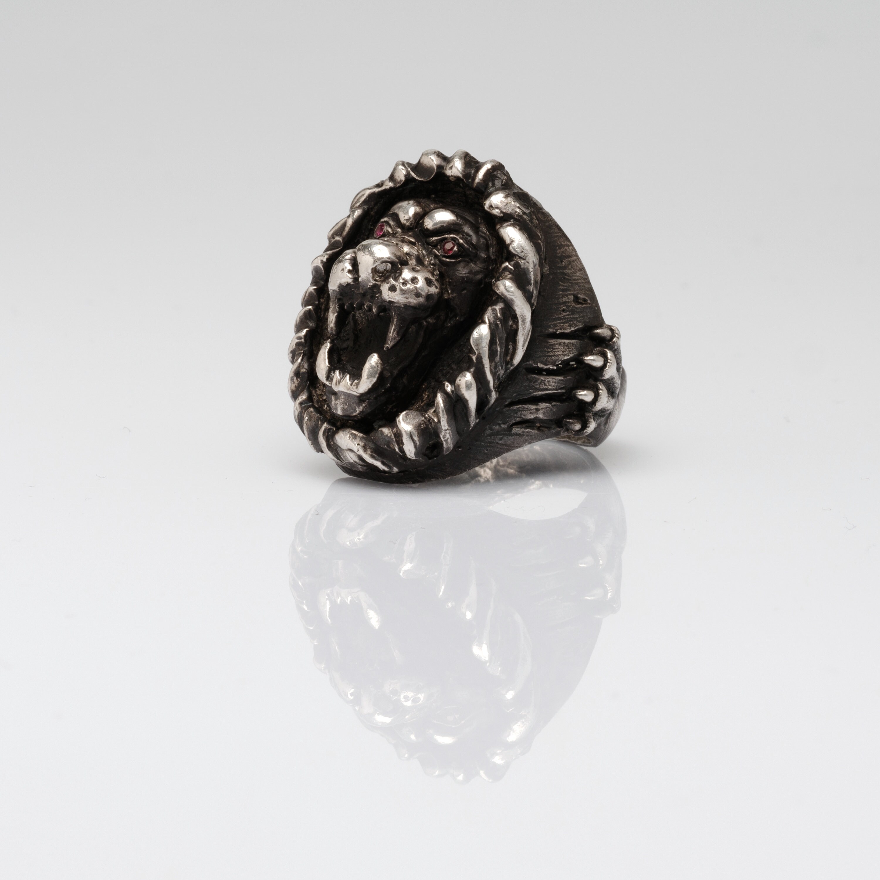 Flame Leon Men's Silver Ring, Unique Lion Design Ring, Ruby Eyes Animal ...