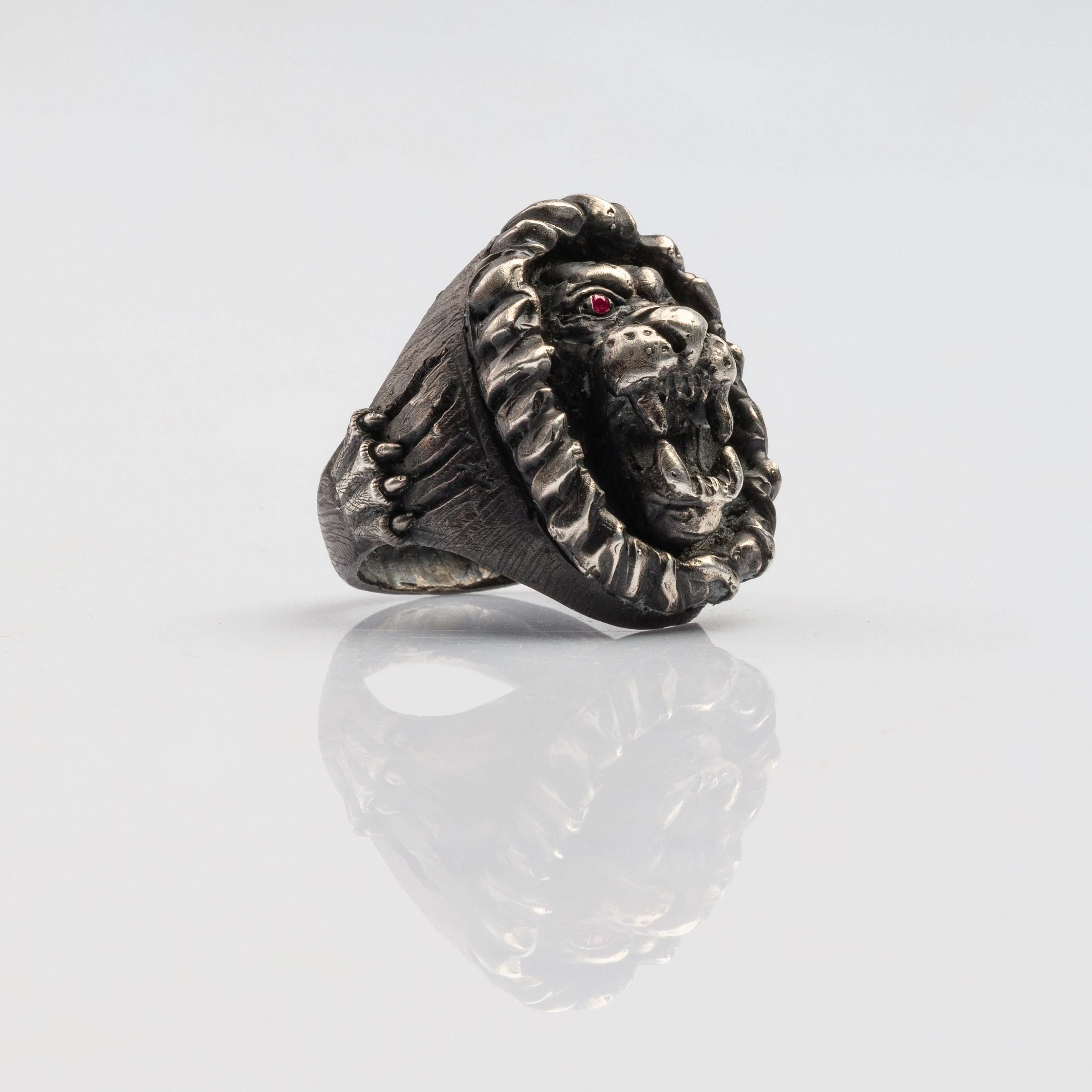 Flame Leon Men's Silver Ring, Unique Lion Design Ring, Ruby Eyes Animal ...
