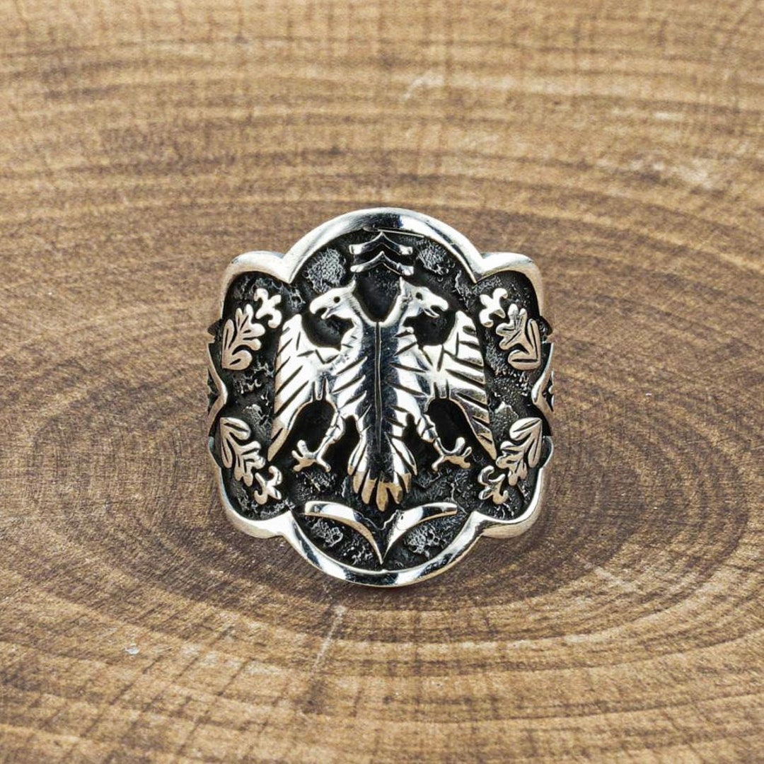 Stamped 925 Sterling Silver Double Eagle Mens Ring, Adjustable Ring, Turkuaz Handmade Silver ...