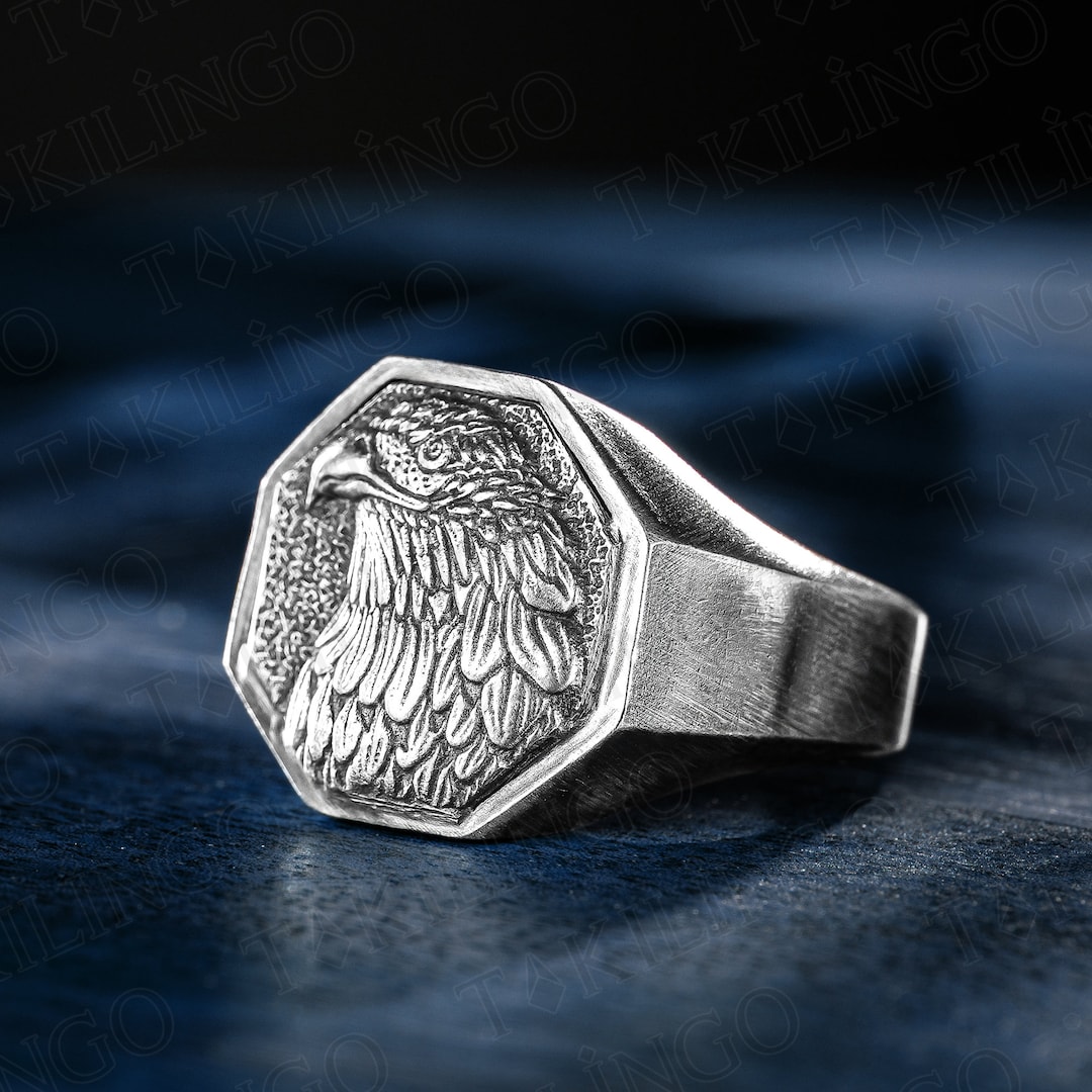 925 Sterling Silver Stoneless Eagle Bird Patterned Men's Ring Handmade ...