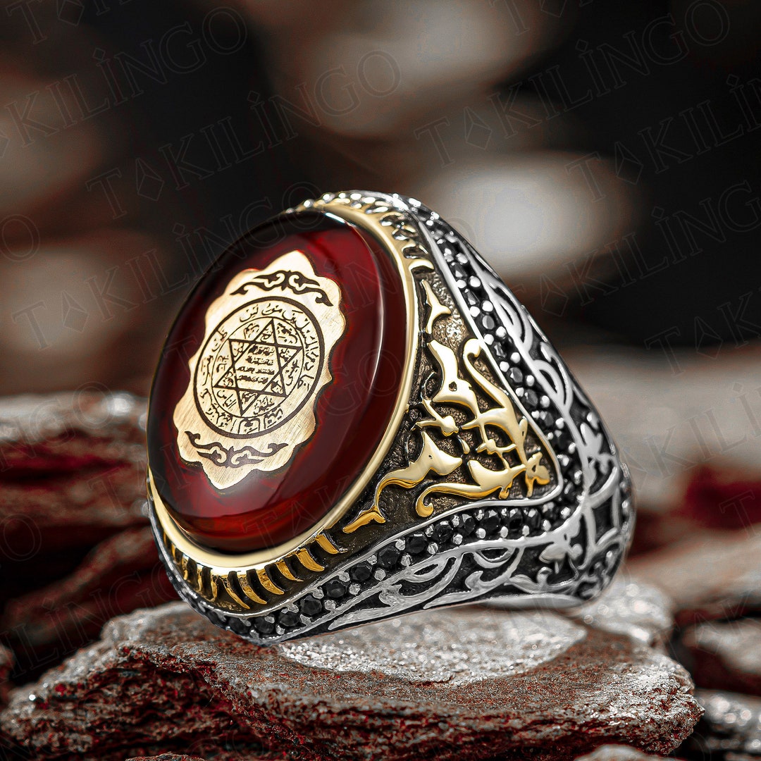 Solomons Seal Ring, 925 Silver King Solomon Occult Seal Ring, Red Amber ...