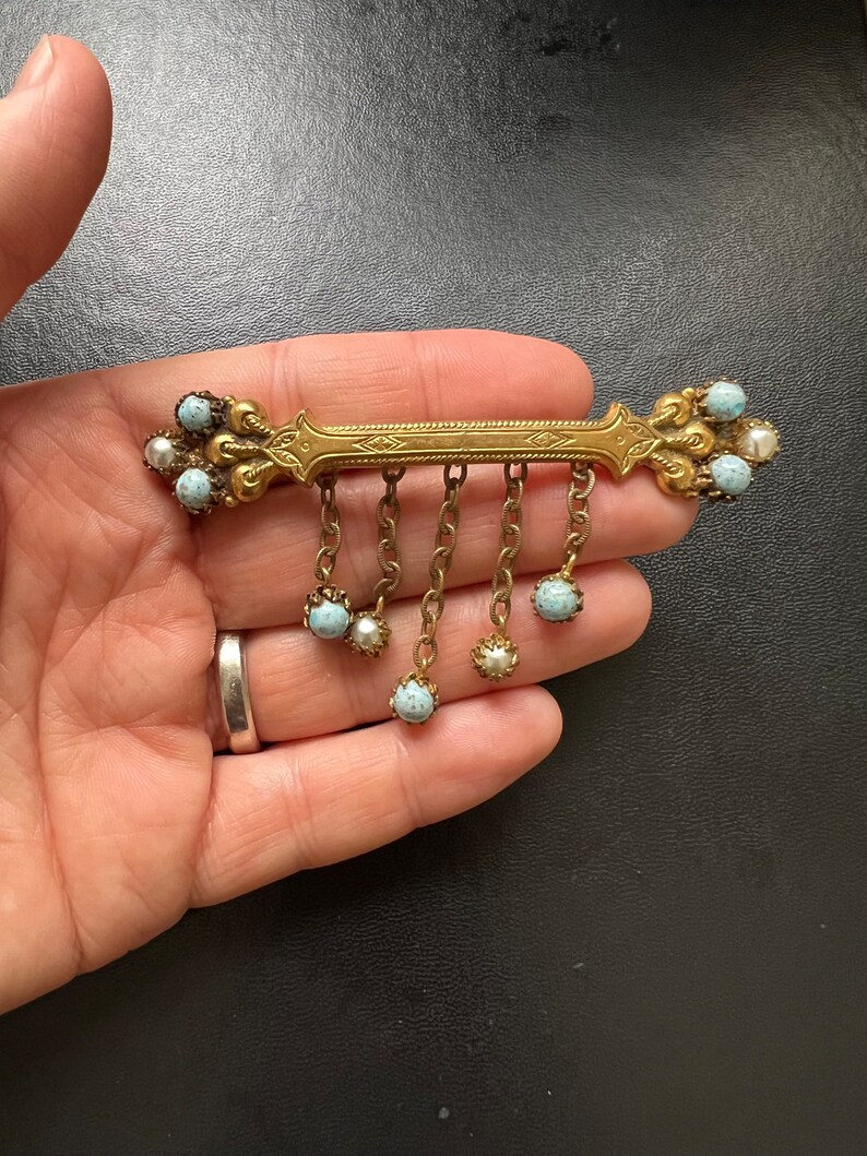 1920s Antique French Art Deco Big Bar Brooch With Dangles Pearl ...