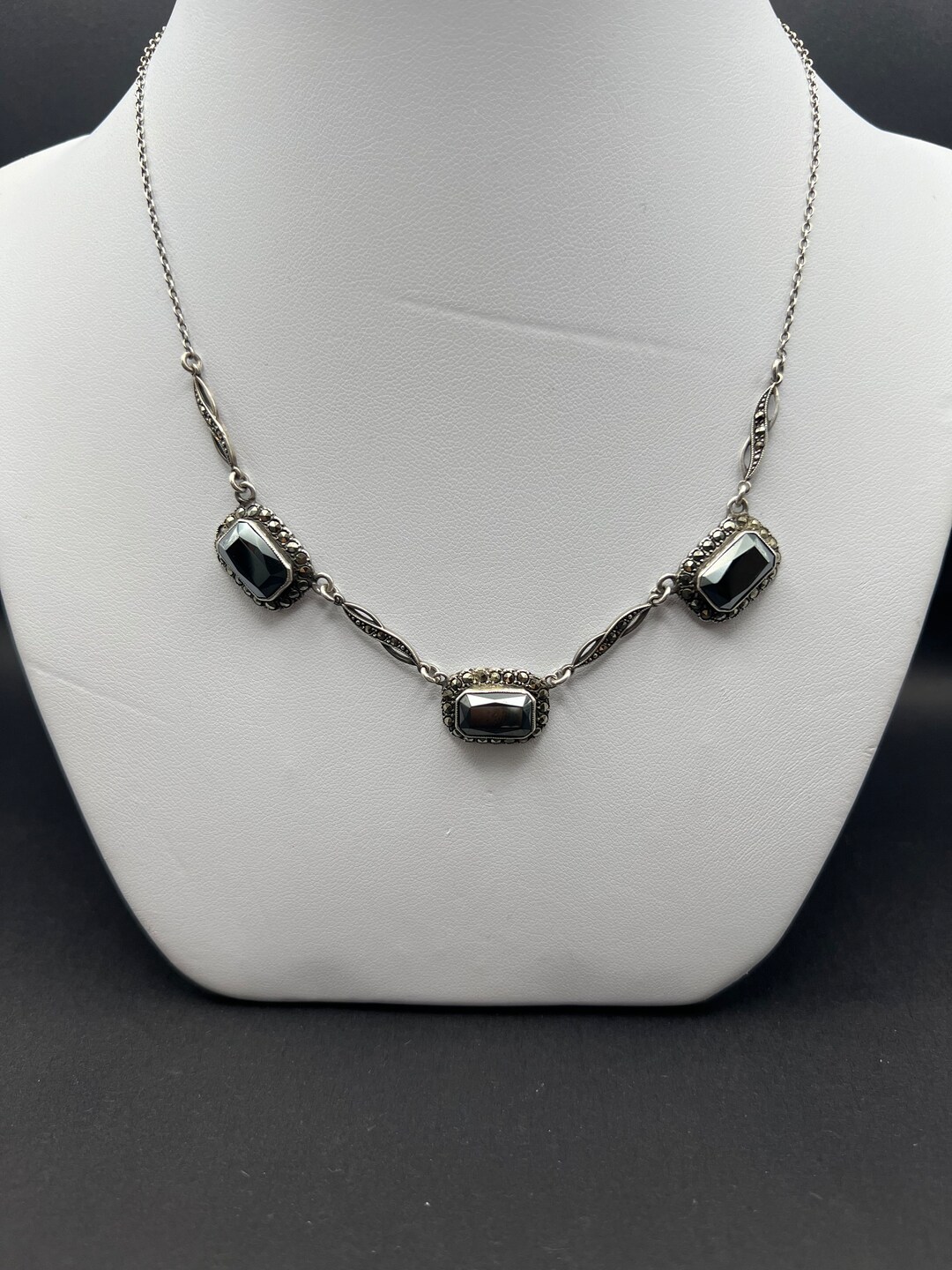 Antique Art Deco 1930s Silver Marcasite Haematite Panel Chain Necklace ...