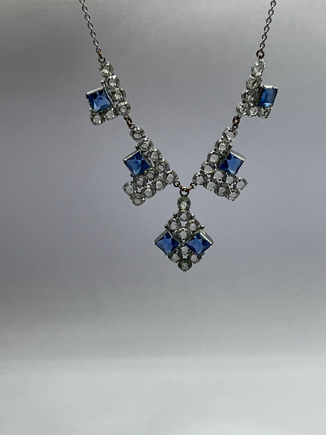 1930s Art Deco Chrome Paste Glass Open Back Rhinestone Necklace Czech ...