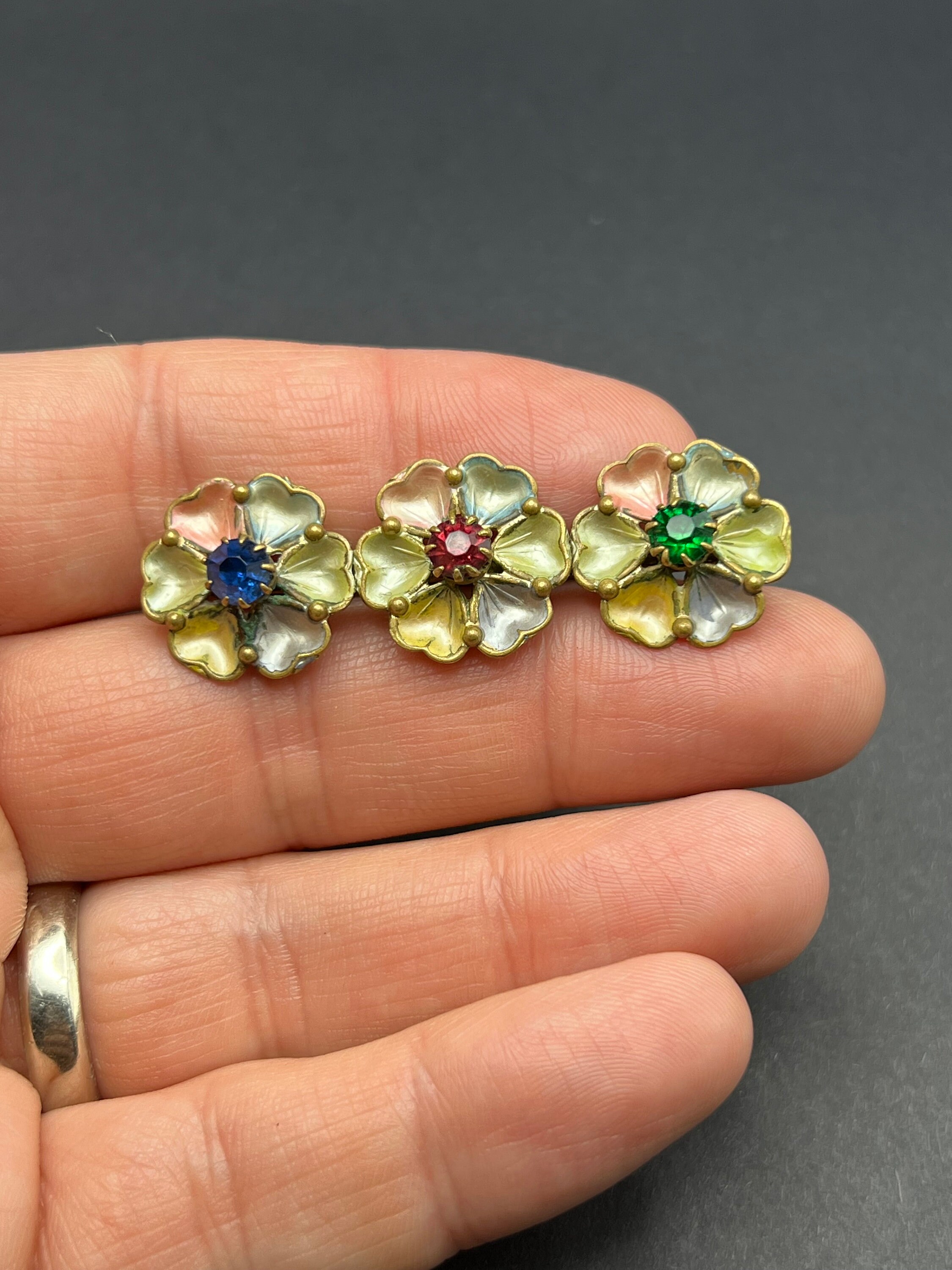 Antique Czech Max Neiger Enamel Paste Flower Brooch Art Deco Rhinestone ...