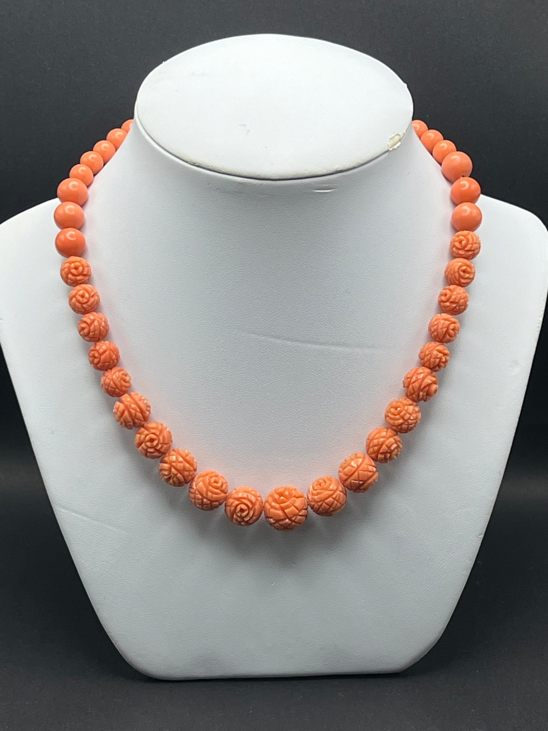 Vintage 1940s Celluloid Bead Necklace Carved Faux Coral Kitsch Unusual ...