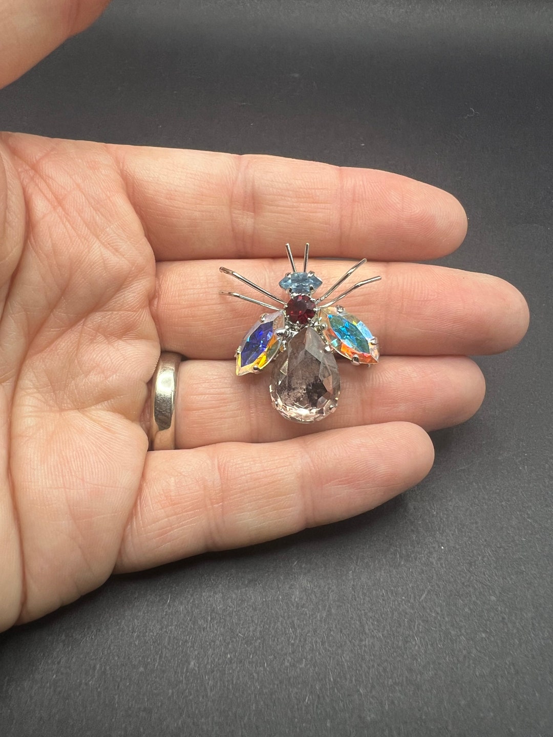 Vintage 1960s Czech brooch insect pin fly bug Aurora borealis glassy ...