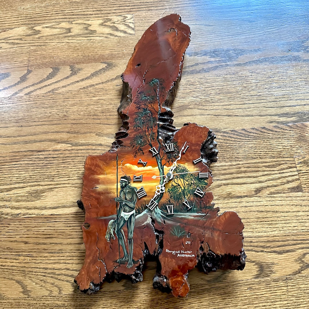 Wall Clock Handpainted Aboriginal Hunter on Wood - Etsy