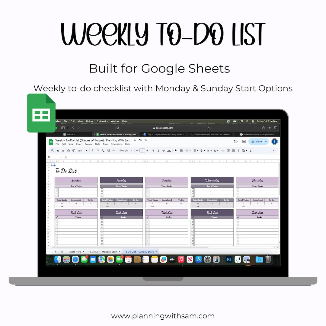 Weekly To-do List - Google Sheets; Monday and Sunday Start Weekly ...