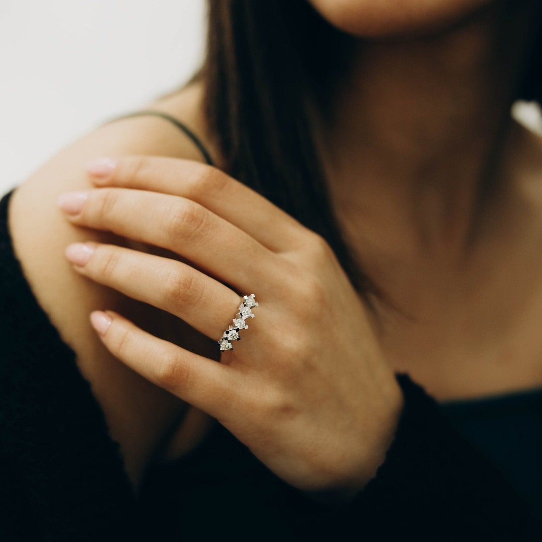 Unique Delicate 5 Stone Natural Diamond Pave Ring, Diamond 5th Wedding ...