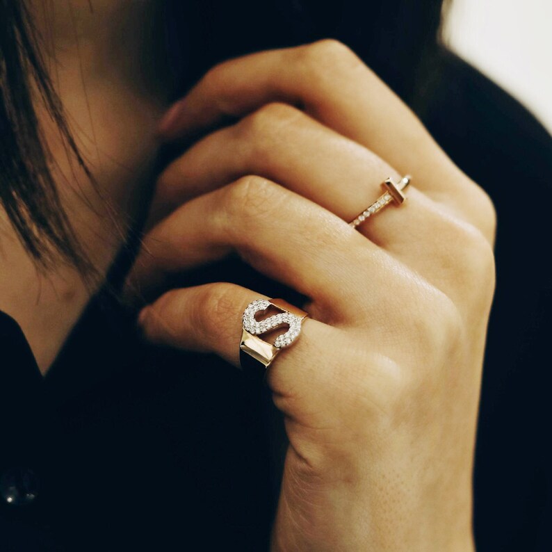 Personalized Diamond Ring / Diamond Initial Ring / Pinky Ring / 14k Gold Diamond Initial Ring ...