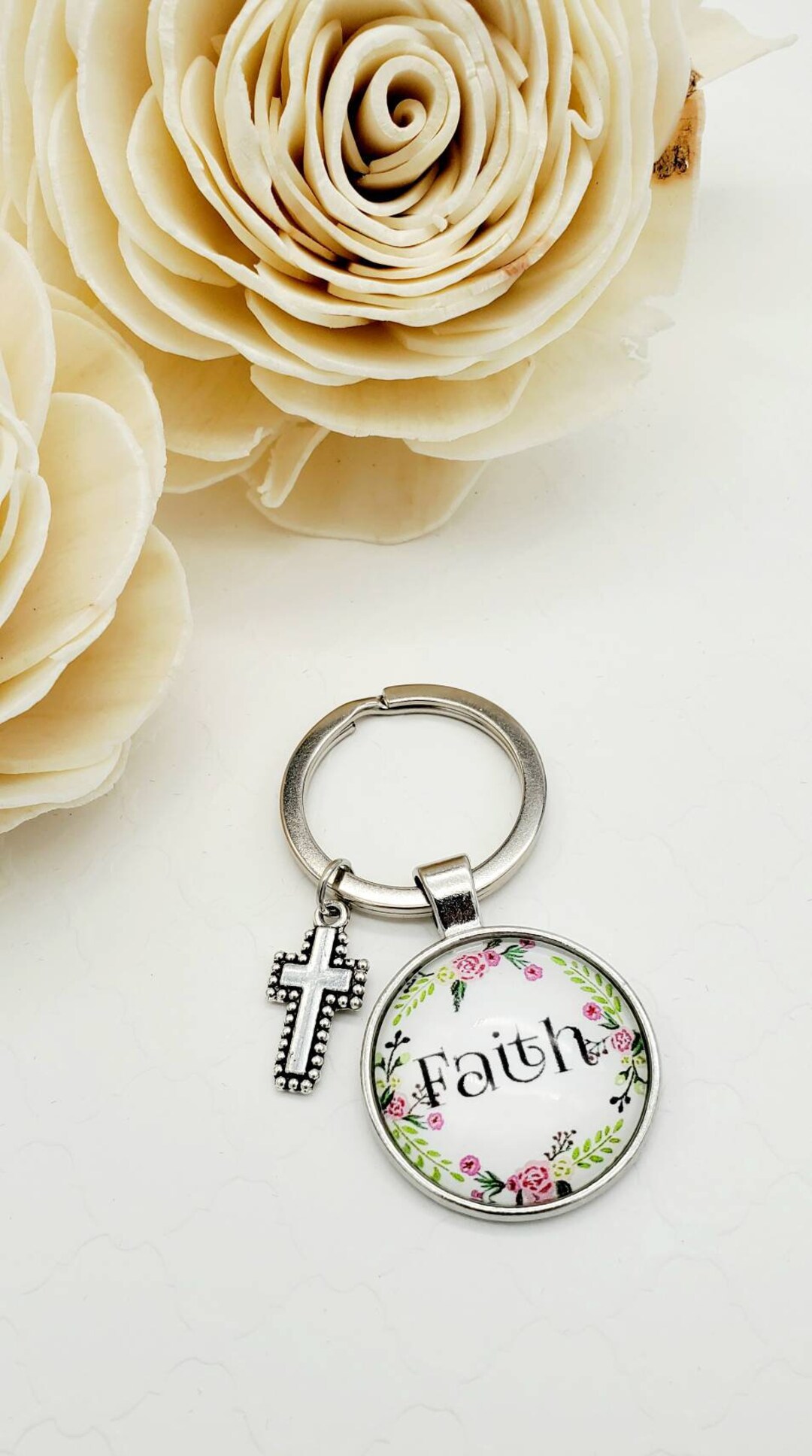 Faith Glass Cabachon and Cross Keychain Silver Tone Alloy - Etsy