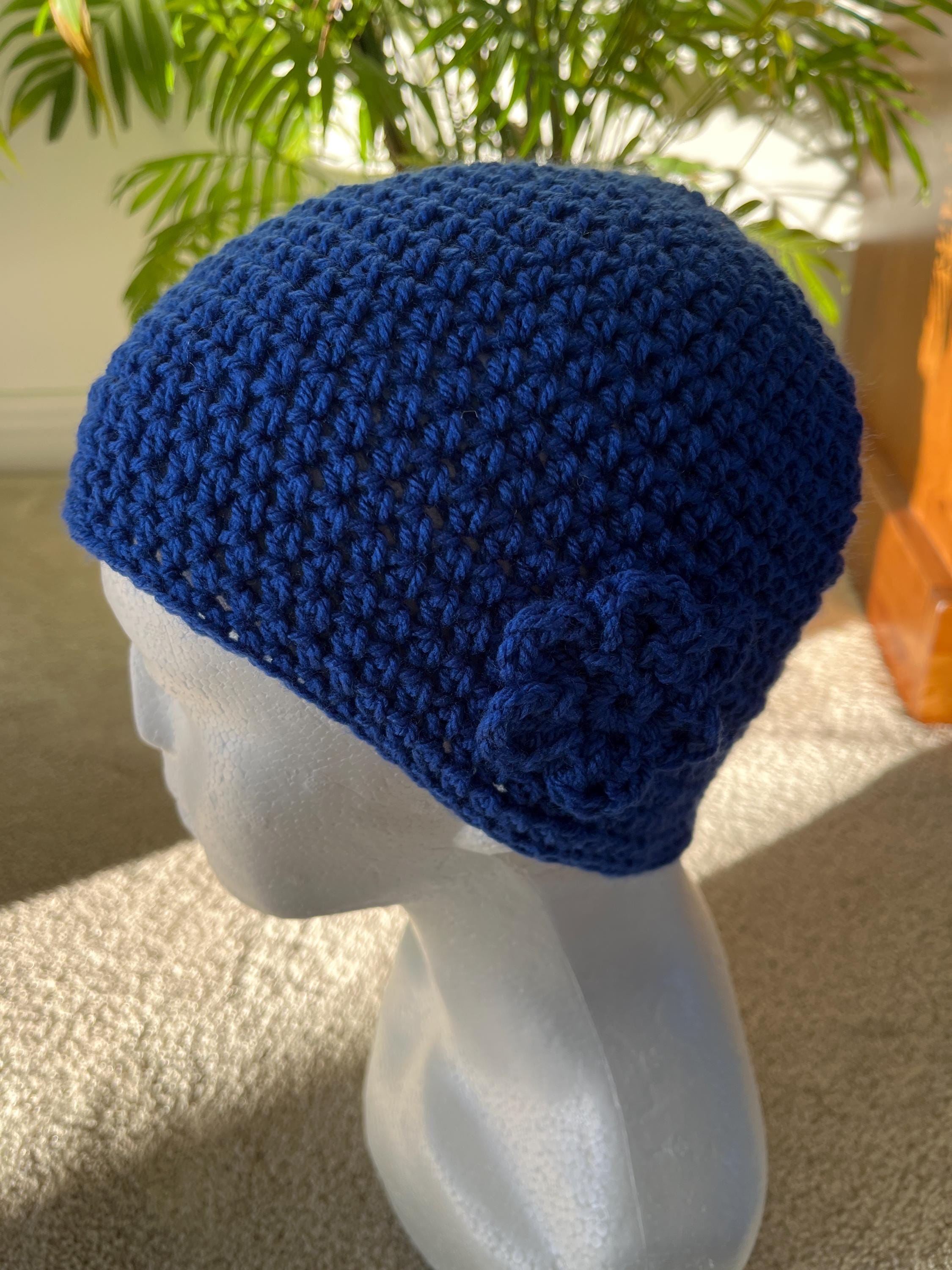 Ladies Crochet Beanie Hat |with Flower L Grey Blue White Mustard ...