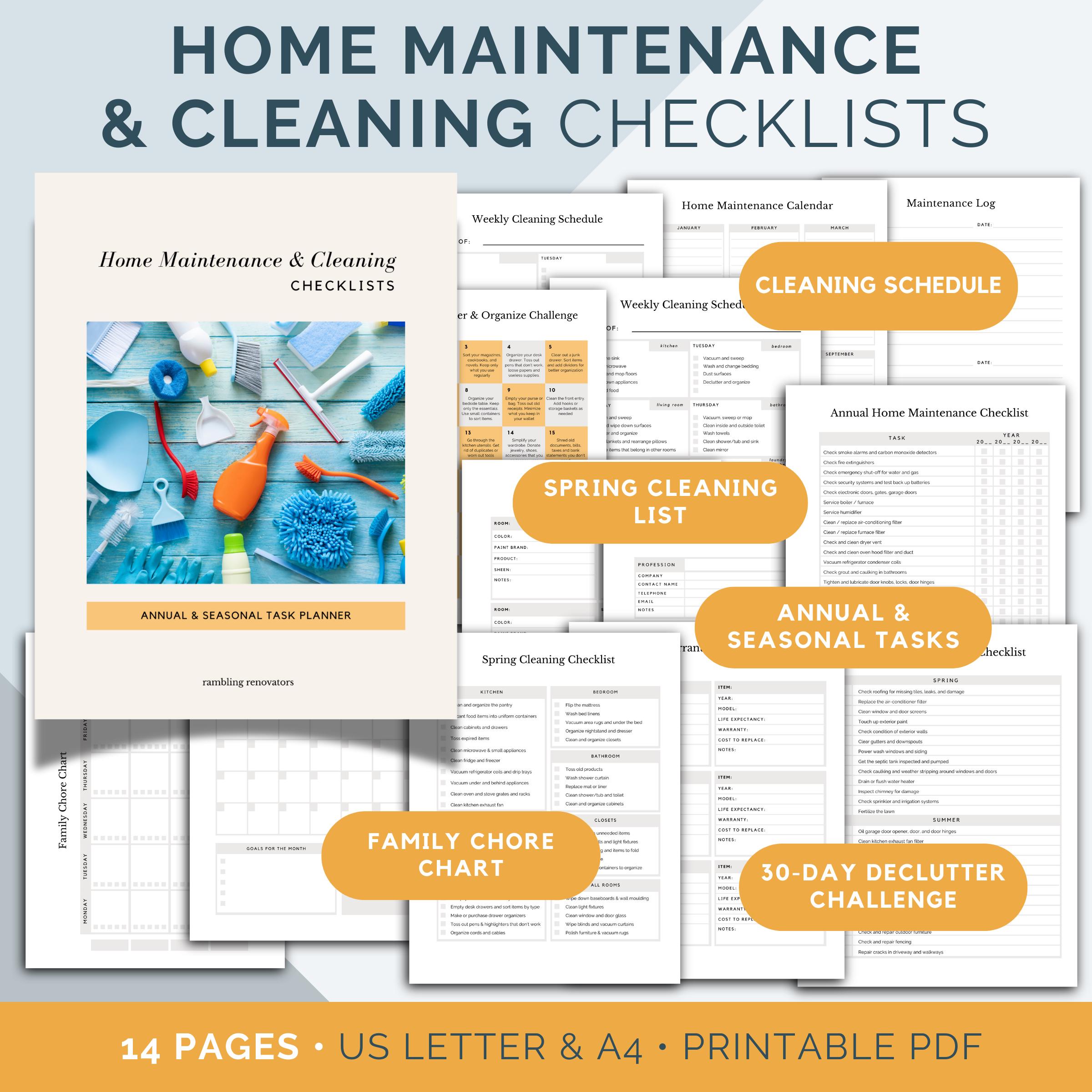 Home Maintenance & Cleaning Checklists | Cleaning Schedule, Home ...