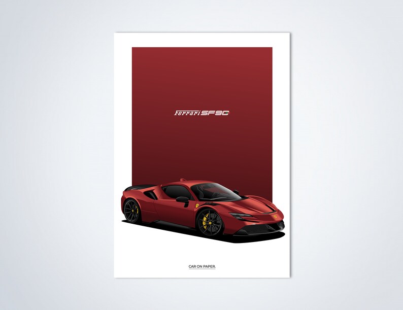Ferrari SF90 Stradale Car Poster Wall Art Illustration for Kids Room ...