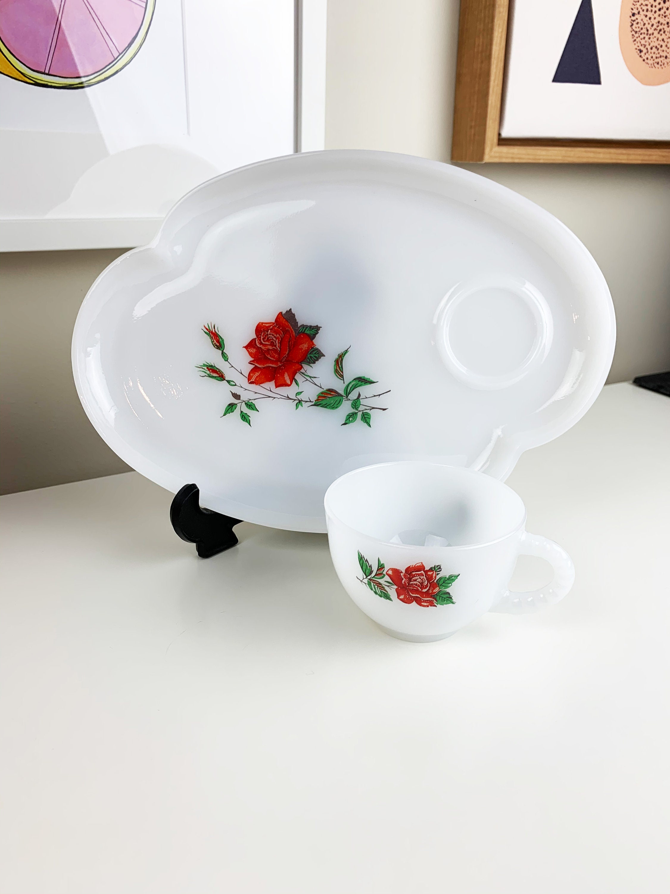 Set of Two Rosecrest Milk Glass Snack Sets / Federal Glass 60s ...