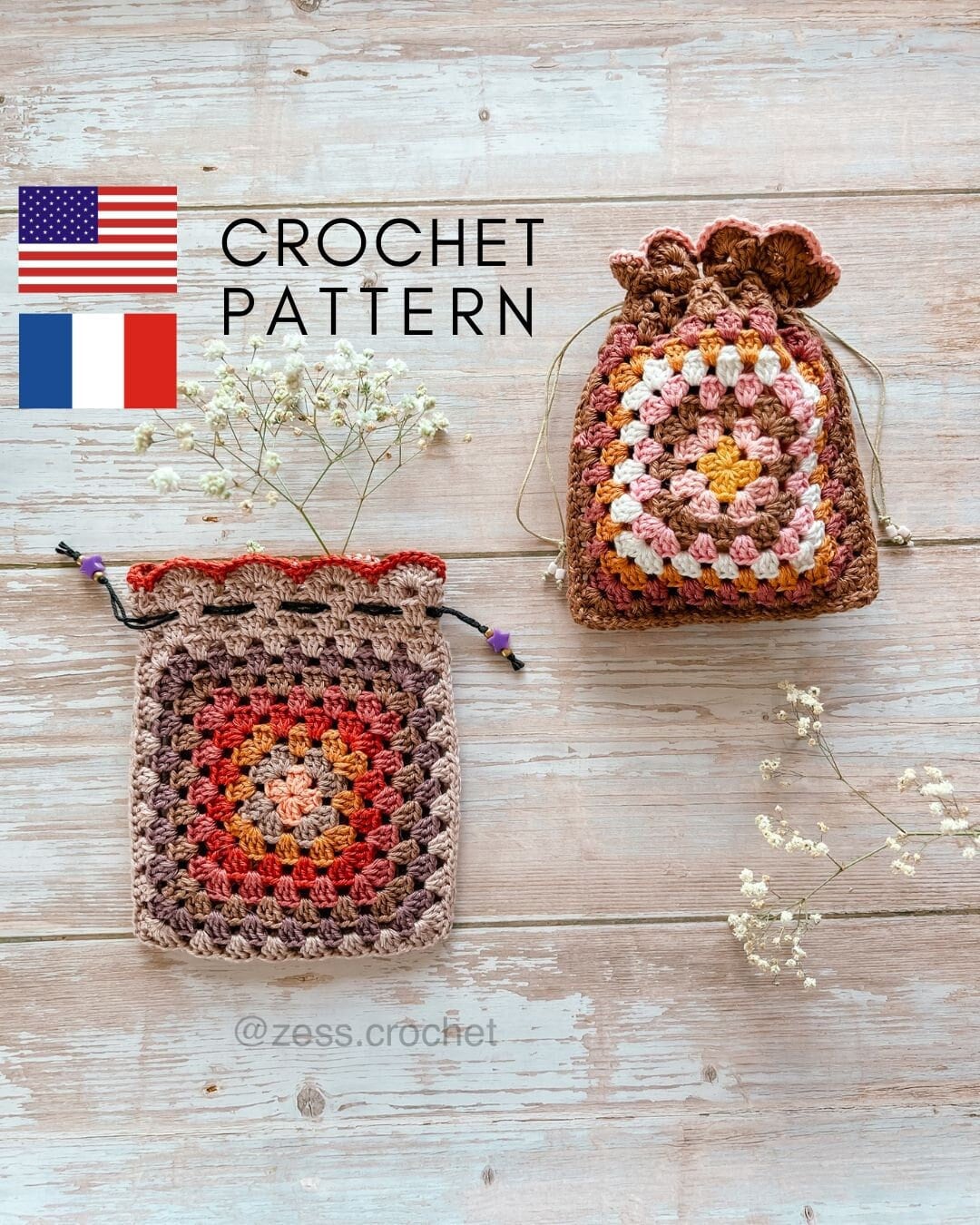 CROCHET PATTERN Granny Square Pouch in English / French - Instant ...