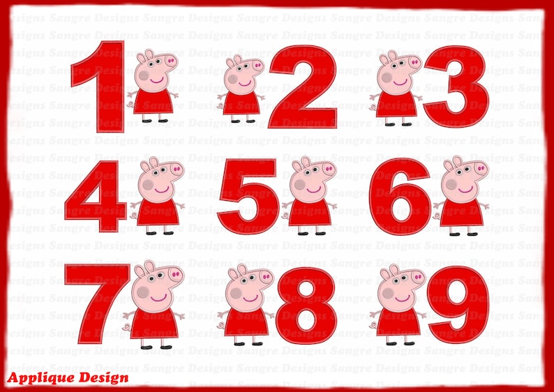 Bundle Peppa Pig Birthday Numbers 1-9 Applique Designs | Etsy