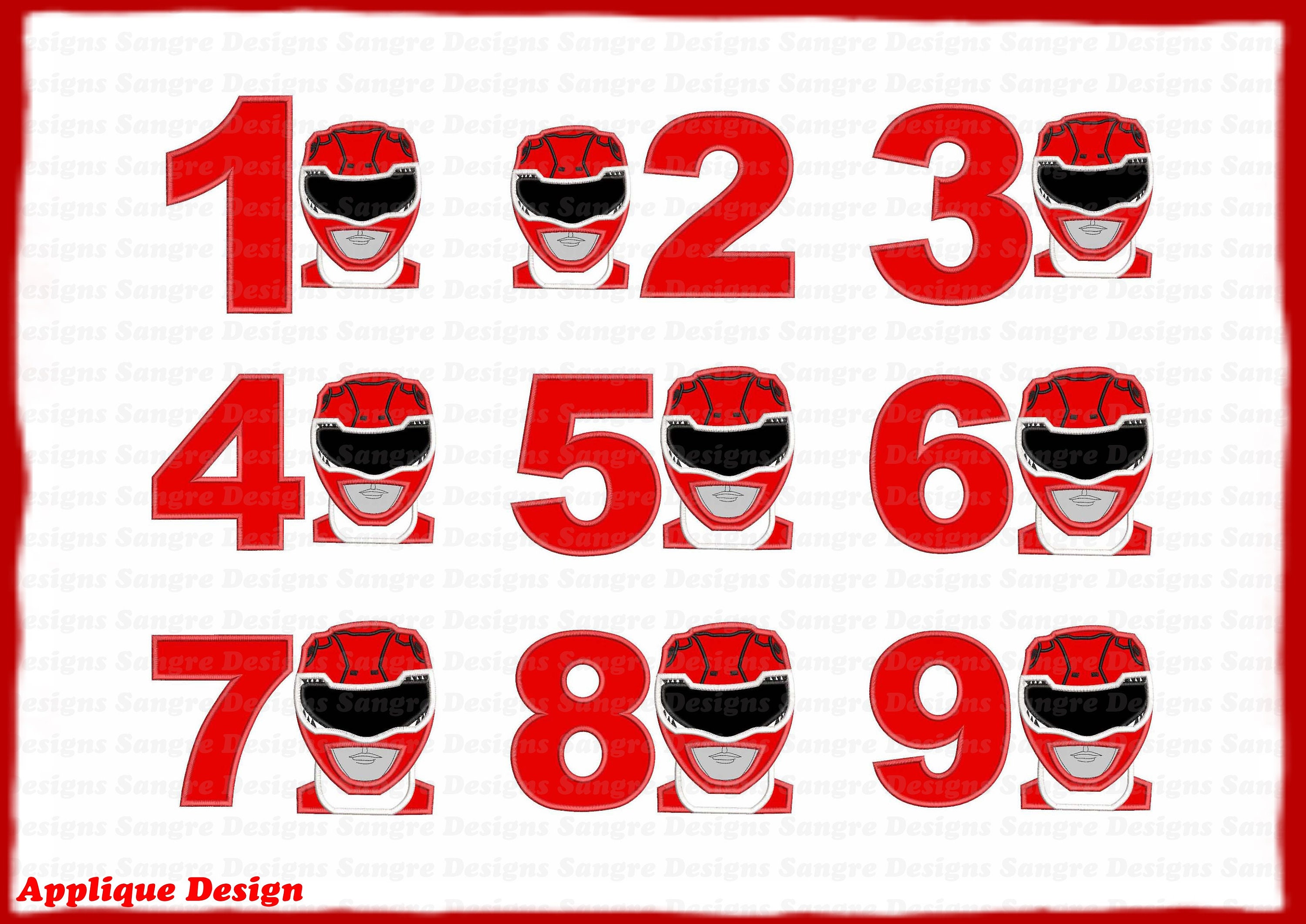 Bundle Red Power Rangers Head Birthday Numbers 1-9 Applique | Etsy