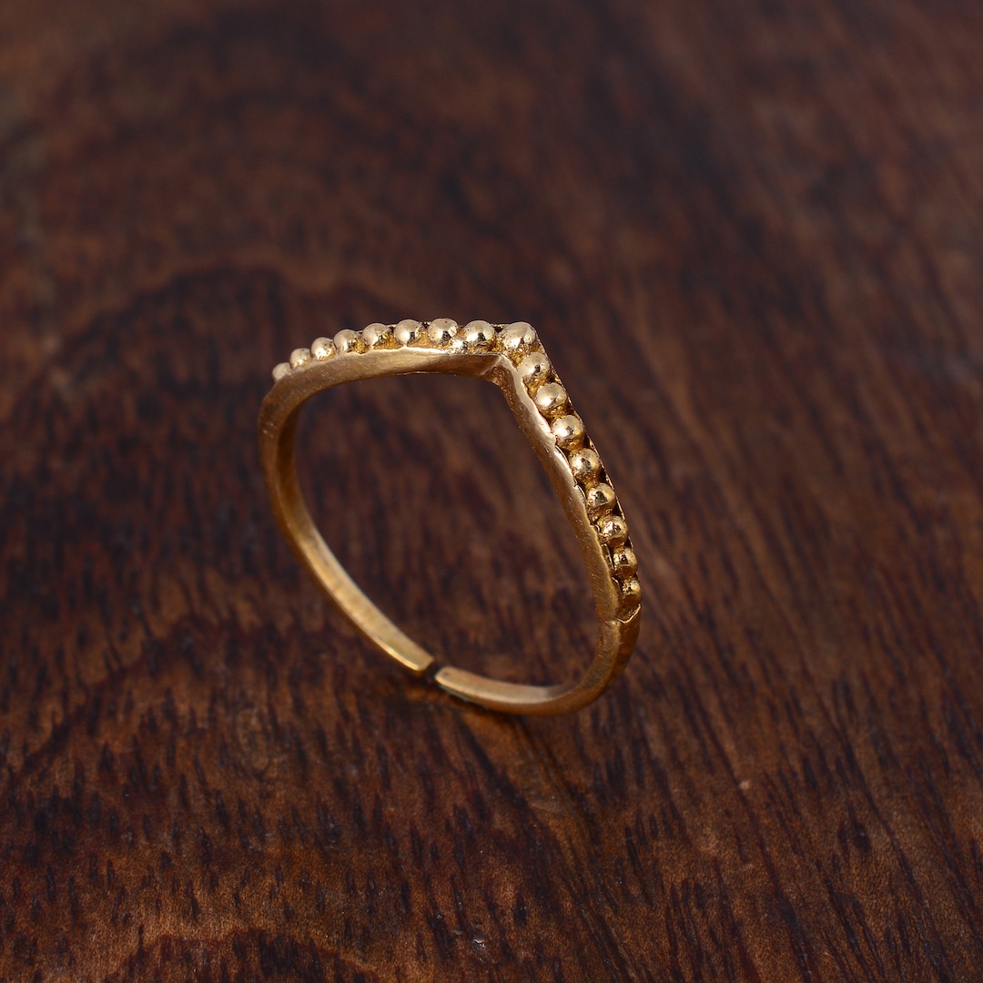 Gold Beaded Ring, Gold Ring, V Shape Ring, Midi Ring, Dainty Ring, Handmade Ring, Beaded Brass ...