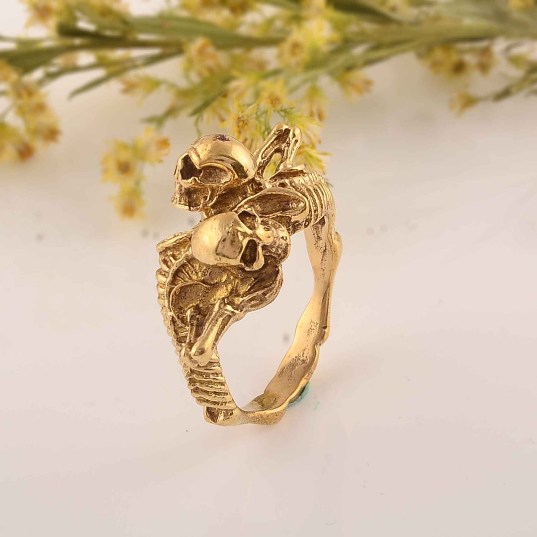 Gold Gothic Skull Ring, Sugar Skull Ring, Twin Skull Gothic Engagement ...