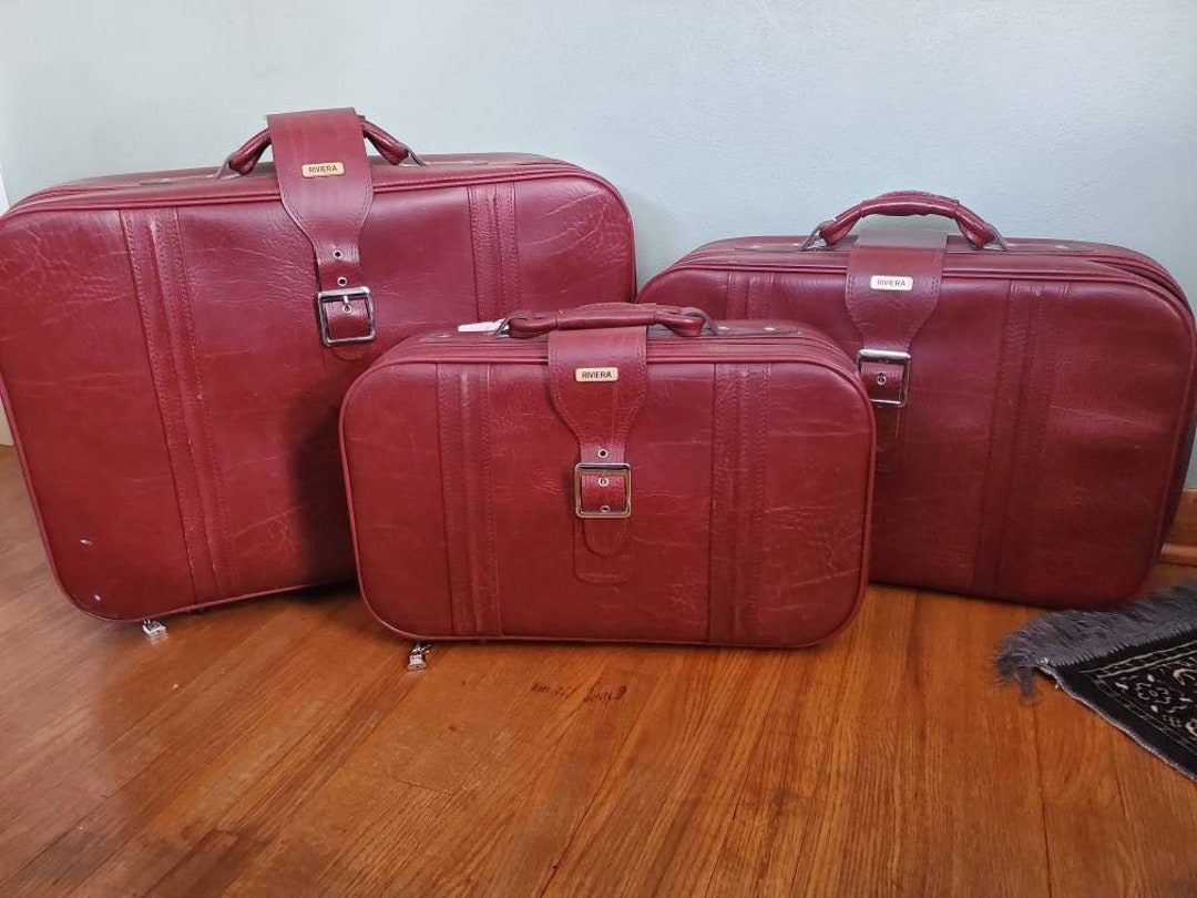 Vintage Set of 3 Red/chrome Faux Leather Riviera Nesting Suitcases W ...