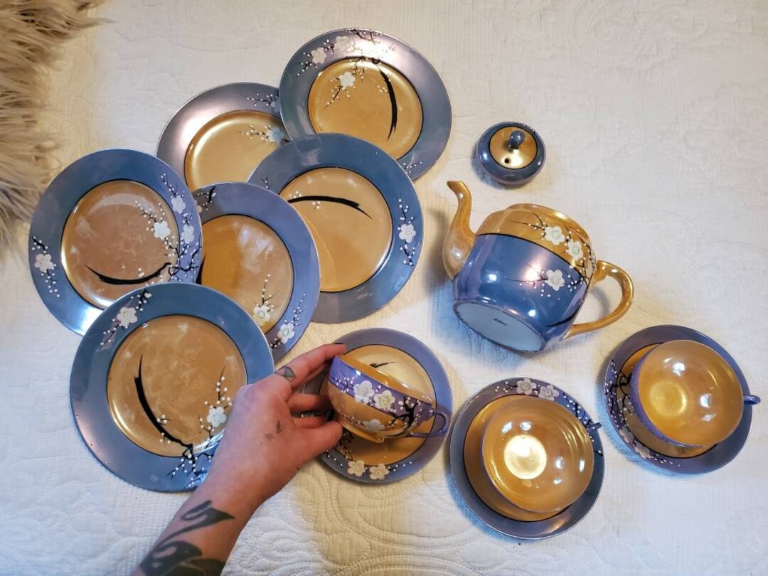 Vintage Orange Blue Lusterware Tea Cup, Saucer, Pot Set Handpainted ...