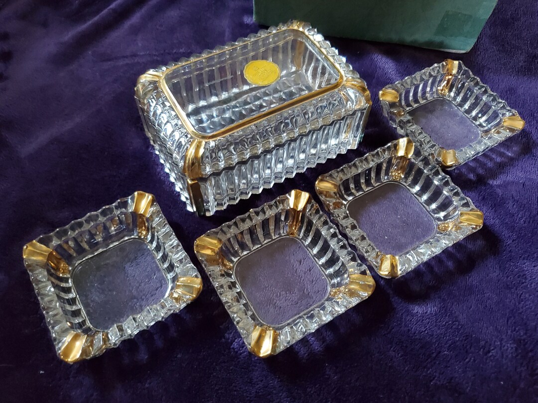 6 Pc Jeanette Glass Co Crystal Cigarette Box & Ashtrays With 22k Gold ...