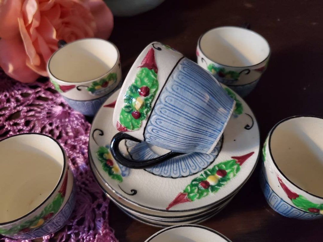 6 Vintage Mini Tea Cups and Saucers With Blue/pink Floral Design, Japan ...