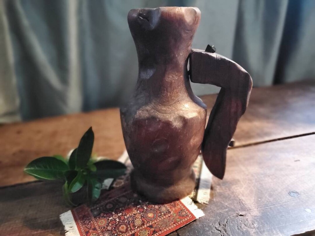 Hand Carved Wood Pitcher. Made in Spain Vintage Lobeco. Square Nails. C ...