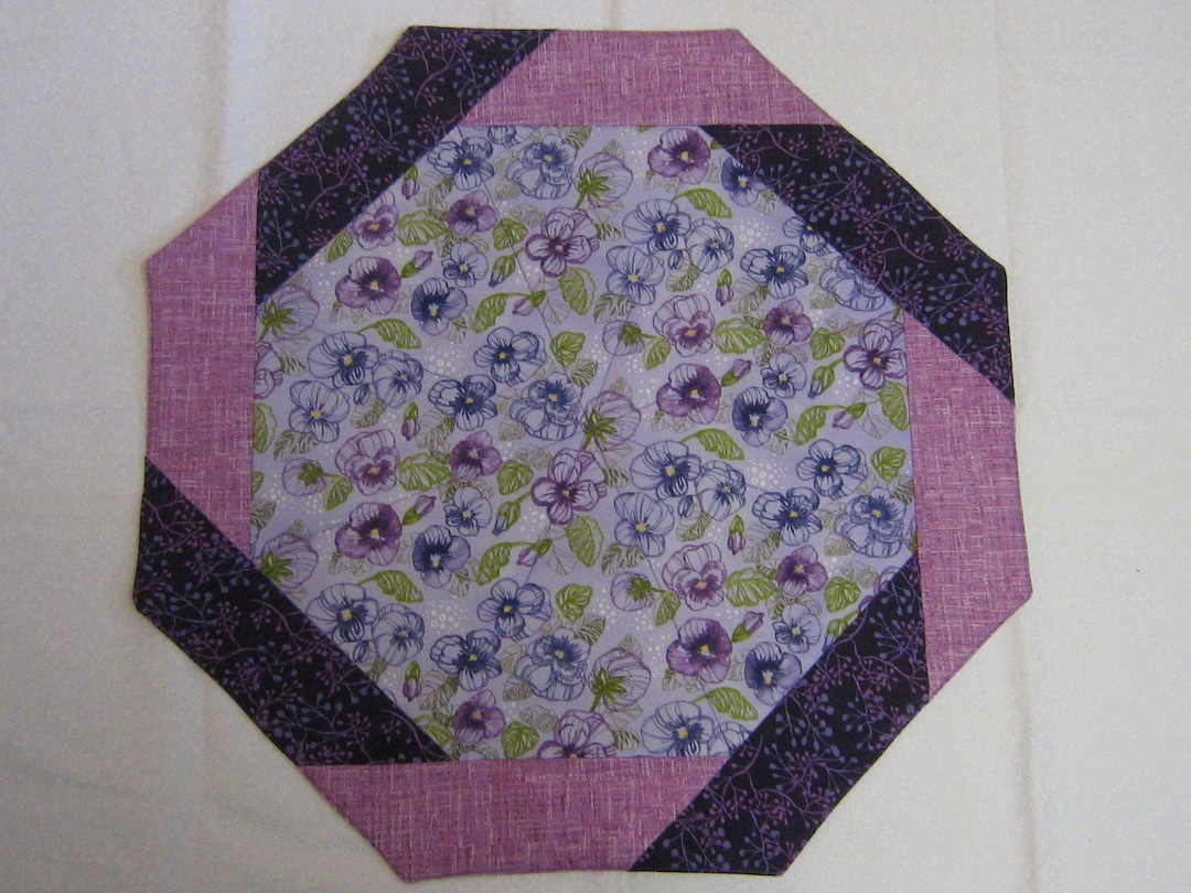 Spiral Pansy Table Topper, Quilted Octagon Table Topper, Purple Pansies Table Topper, Floral ...